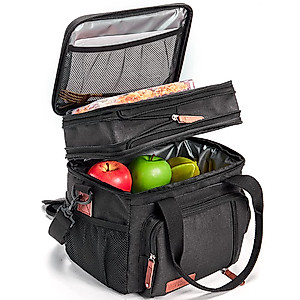 MOV COMPRA Movcompra Black Adult Insulated Lunch Box for Work, Expandable Large Lunch Bags for Women Men, Leakproof Double Deck Lunch Box Cooler Tote Bag with Removable Shoulder Strap