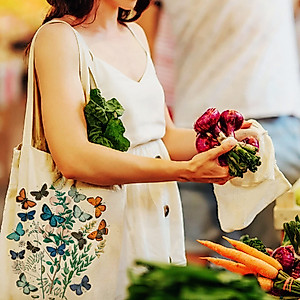 BeeGreen Colorful Butterflies Aesthetic Canvas Tote Bag Large Capacity 12 oz Tote Bag Portable Washable for Women Grocery Shopping Gift Bag for Mom Friends