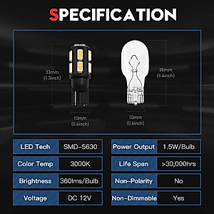 VEHICODE 12V 921 922 912 906 LED Bulb Soft Warm White 579 904 916 918 Interior Dome Light Replacement for RV Camper Trailer Marine Boat T10 T5 Wedge Outdoor Landscape Garden Lamp (10 Pack)