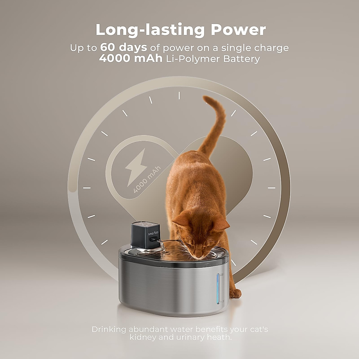 Smartoo Wireless Cat Water Fountain Stainless Steel, 152oz/4.5L Cat Fountain Battery Operated, Cordless Pet Water Fountain for Cats & Dogs with Motion Sensor, Ultra Quiet Pump, Multi-Filtration