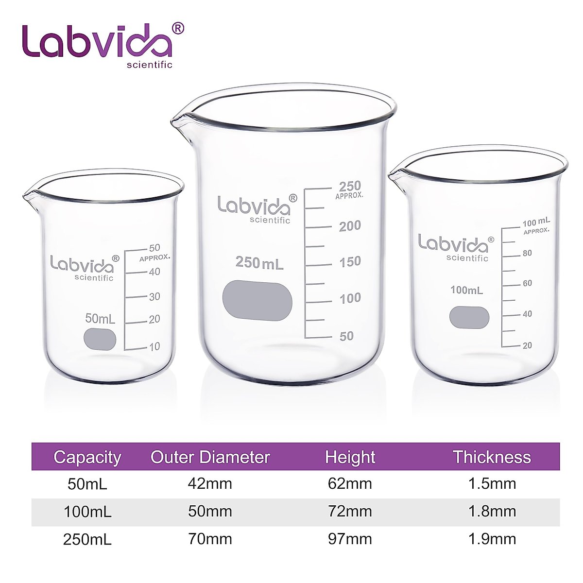 Labvida Upgrated 3 Size Low Form Beaker Set, 50ml 100ml 250ml, 3.3 Boro Glass Beakers with Printed Graduation, LVA017