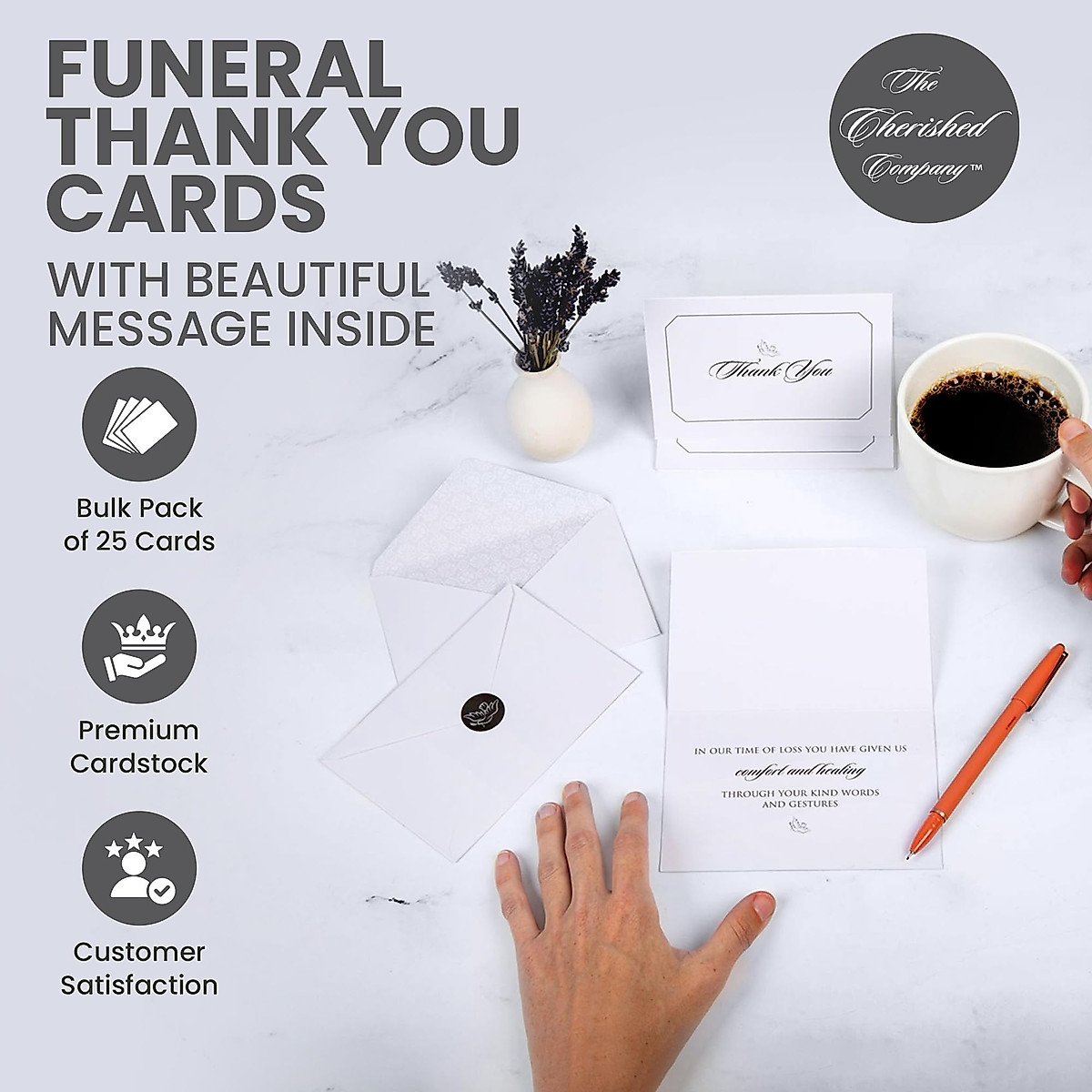 Funeral Thank You Cards with Envelopes | Sympathy Cards with Meaningful Message | Set of 25 with Decorative Envelopes and Stickers for Envelope Closure