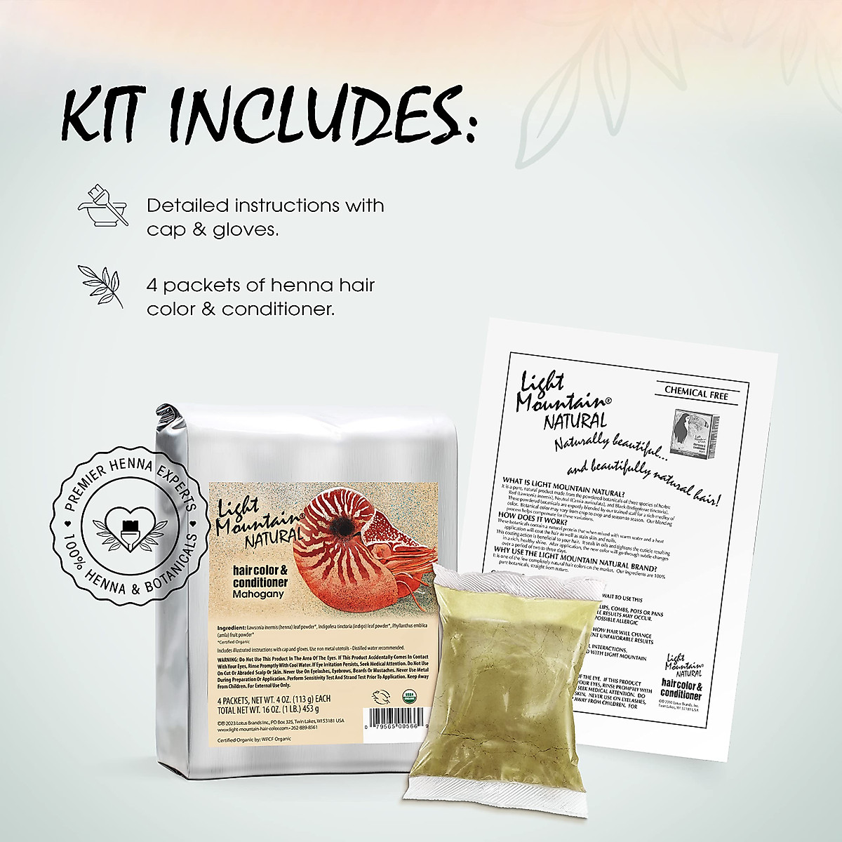 Light Mountain Mahogany Hair Dye - Organic, Chemical-Free, Semi-Permanent for Men/Women, with Henna Leaf Powder and Botanicals, 16 Oz