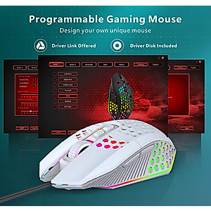Uiosmuph X801 Wired Gaming Mouse, Honeycomb Lightweight Gaming Mouse with RGB Backlit, 7 Programmable Buttons and One-Click Desktop, 8000 DPI Optical USB Gamer Mouse for Mac, Laptop, Computer - White