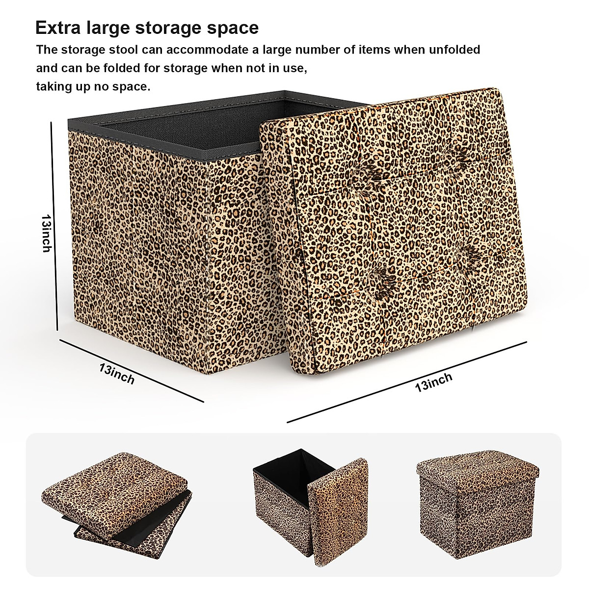 eMOUSE Storage Ottoman Bench Foldable Footrest Stool Seat for Bedroom and Living Room Small Bench Foot Stool Rectangle Cube Leopard L17W13H13IN…