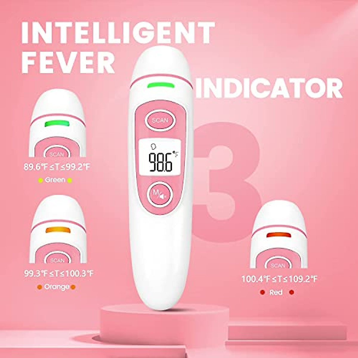 Forehead Thermometer for Adults and Kids, No-Touch Infrared Thermometer for Fever with LCD Display and Memory Function, Ideal for Family Use - Pink