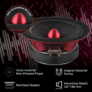DS18 PRO-X6.4BM Loudspeaker - Pair of 6.5", Midrange, Red Aluminum Bullet, 500W Max, 250W RMS, 4 Ohms - Premium Quality Audio Door Speakers for Car or Truck Stereo Sound System (2 Speaker)