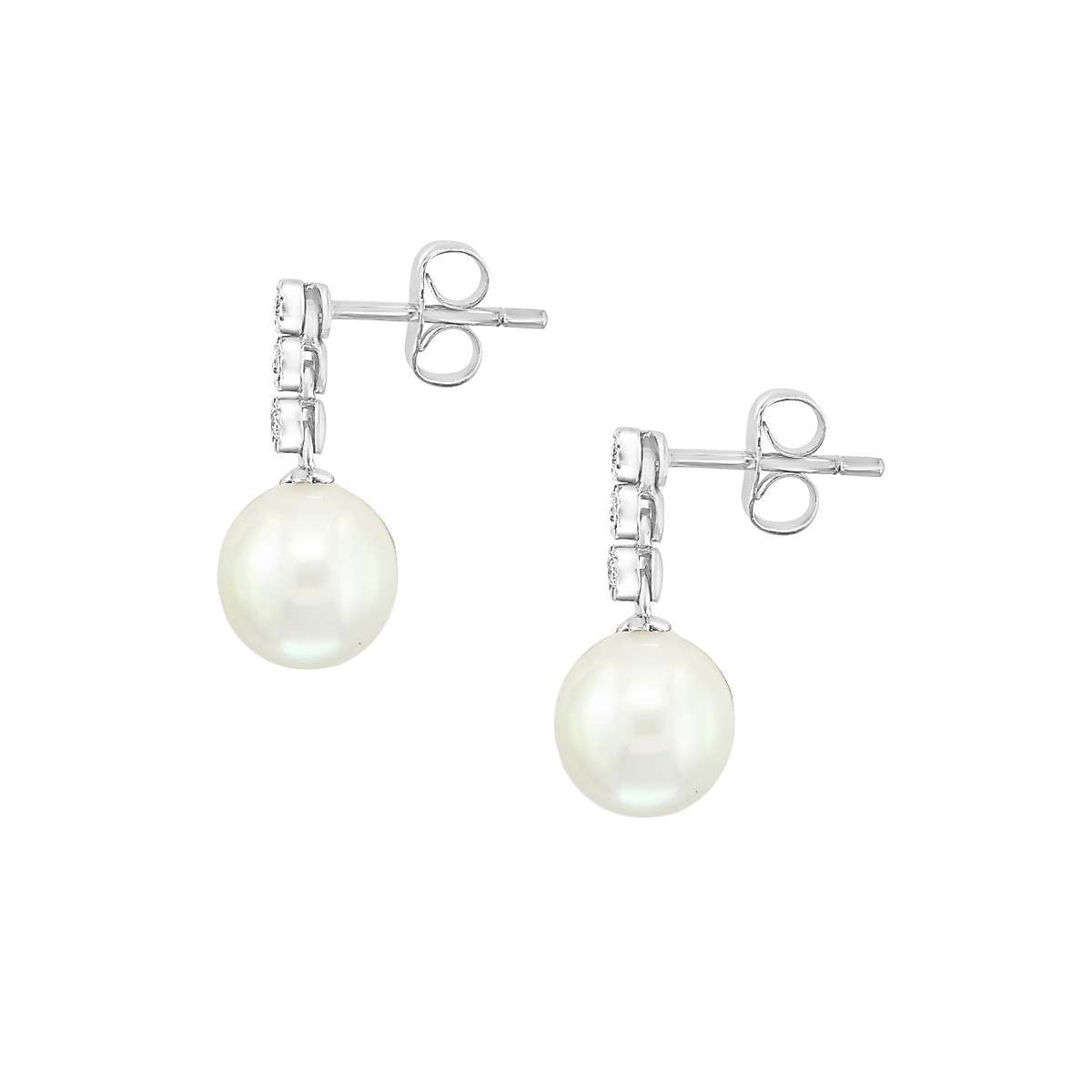 14K White Gold 0.09ctw Diamond & 8mm-8.5mm AAAA Round White Freshwater Cultured Pearl Stacked Bezels Drop Stud Earrings (G-H Color, SI2-I1 Clarity)