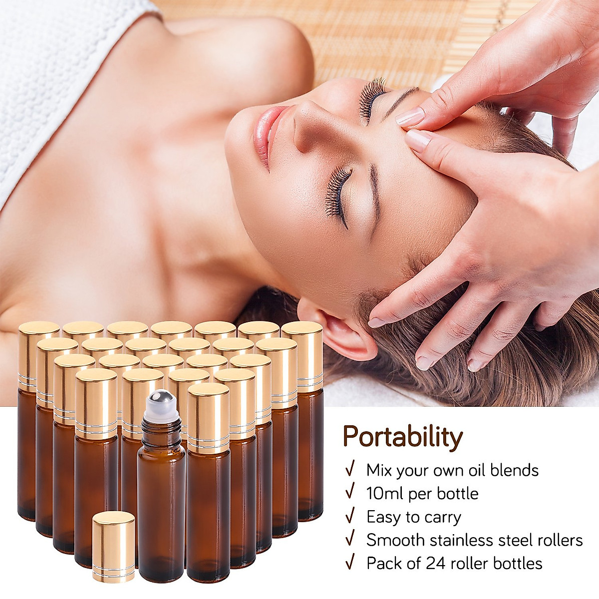 PrettyCare Roller bottles for oils 10ml (Amber Glass, 24 pack, 4 Extra Stainless Steel Balls, 48 Labels, Openers, 2 Funnels, 2 Droppers Roller Balls For Essential Oil Roller Bottles