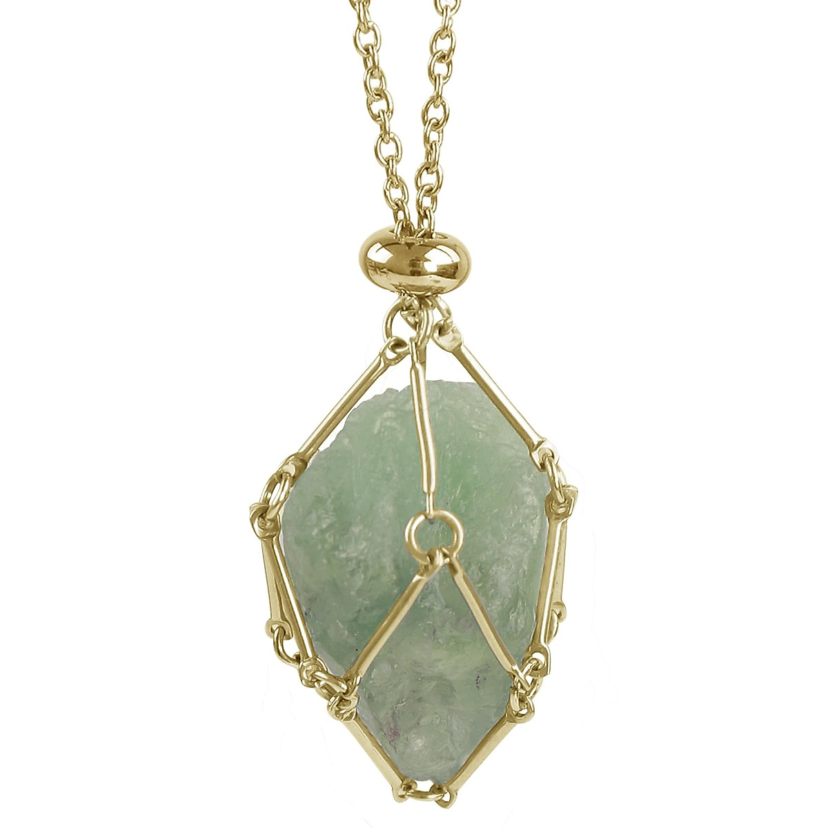 VNVETYTO Crystal Holder Necklace 14K Gold-plated Stainless Steel Cage Crystal Gemstone Pendant Necklace Jewelry for Women Men (Green Fluorite)