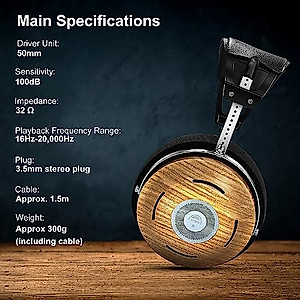 okcsc Open-Back Headphone for Studio 50mm Driver Horn HiFi Audiophile Headphones Classic Wooden Vintage Style Over Ear Headset with Dual 3.5mm Audio Cable, ASH Headphone Open-Back Headset