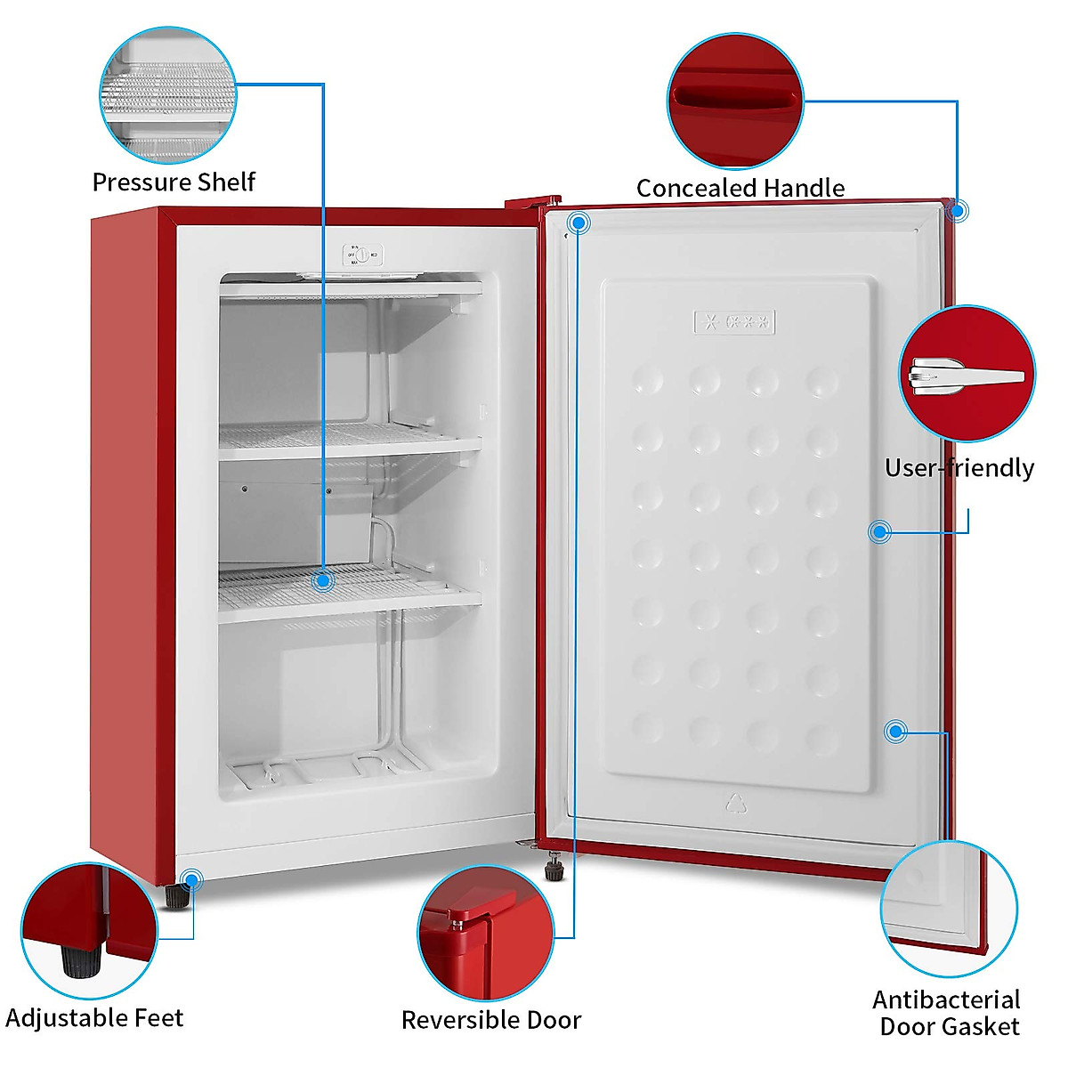 Kismile Small Freezer,Freestanding Mini Freezer with Reversible Door & Removable Shelf & Adjustable Temperature Control, Upright Compact Freezer for Apartment/Home/Office/Dormitory (Red, 2.3 Cu.ft)