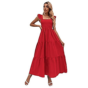 MakeMeChic Women's Summer Boho Dress Floral Print Spaghetti Strap Square Neck Shirred Maxi Dress Beach Sun Dress Solid Red L
