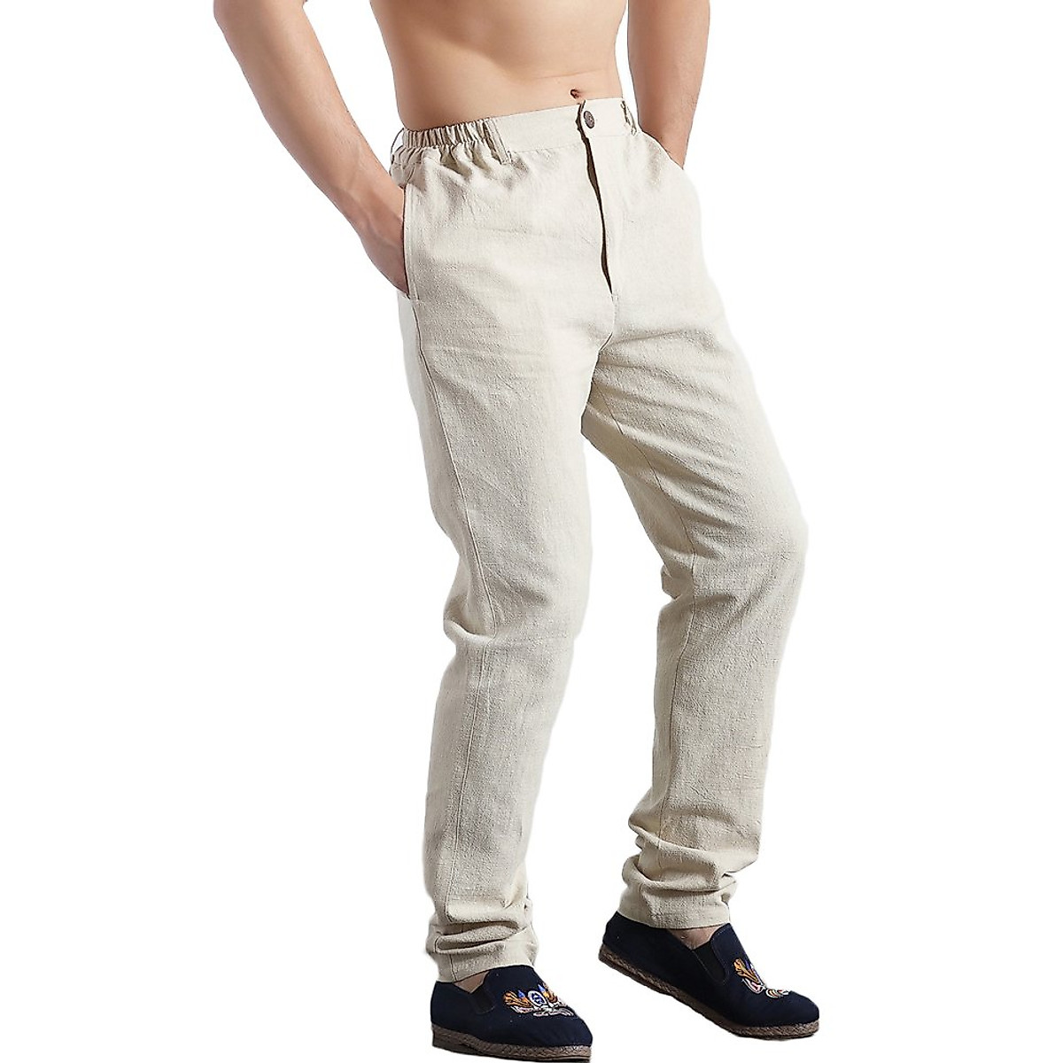 LZJN Men's Linen Slim-Fit Casual Pants LeisureTrousers Back Elastic Waistband with Pockets (Beige, XL)