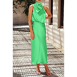 PRETTYGARDEN Women's 2023 Summer Satin Dress Elegant Sleeveless Mock Neck Cocktail Party Maxi Dresses (Grass Green,Small)