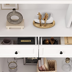 Homsee Tall Bookcase Bookshelf with Shelves, Drawers & 2 Carved Glass Doors, Wooden Display Storage Cabinet with 14 Compartments for Home Office, Living Room, White (63" W x 15.7”D x 78.7”H)