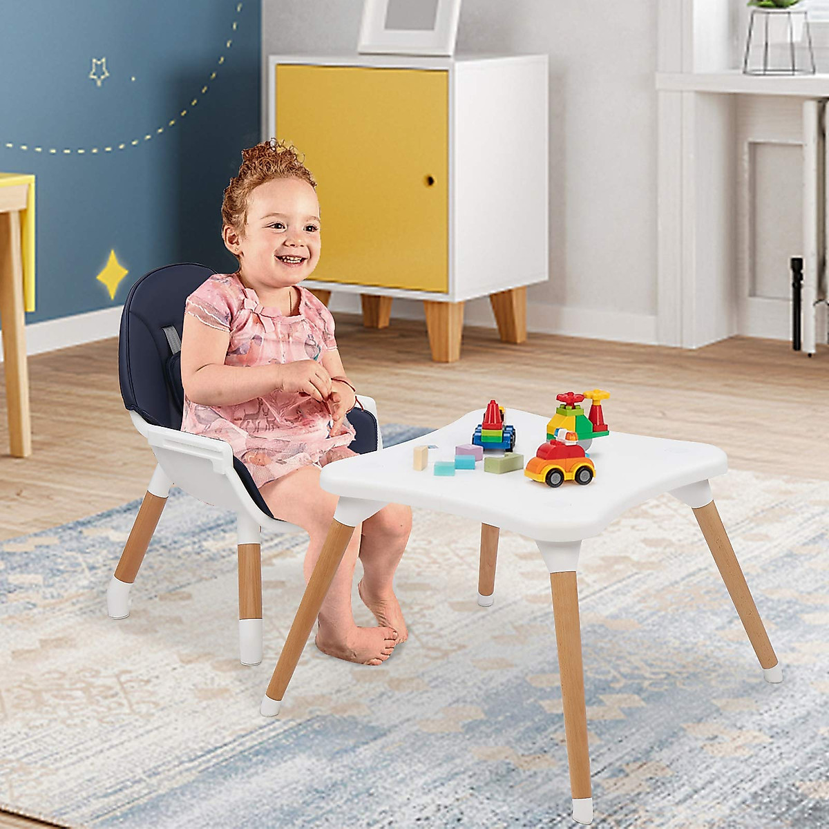 JOYMOR 5-in-1 Convertible Baby High Chair for Babies and Toddlers, Table and Chair Set, Wooden Infant Eating Highchair with Leather Seat Cushion, 4-Position Removeable & Adjustable Tray (Blue)