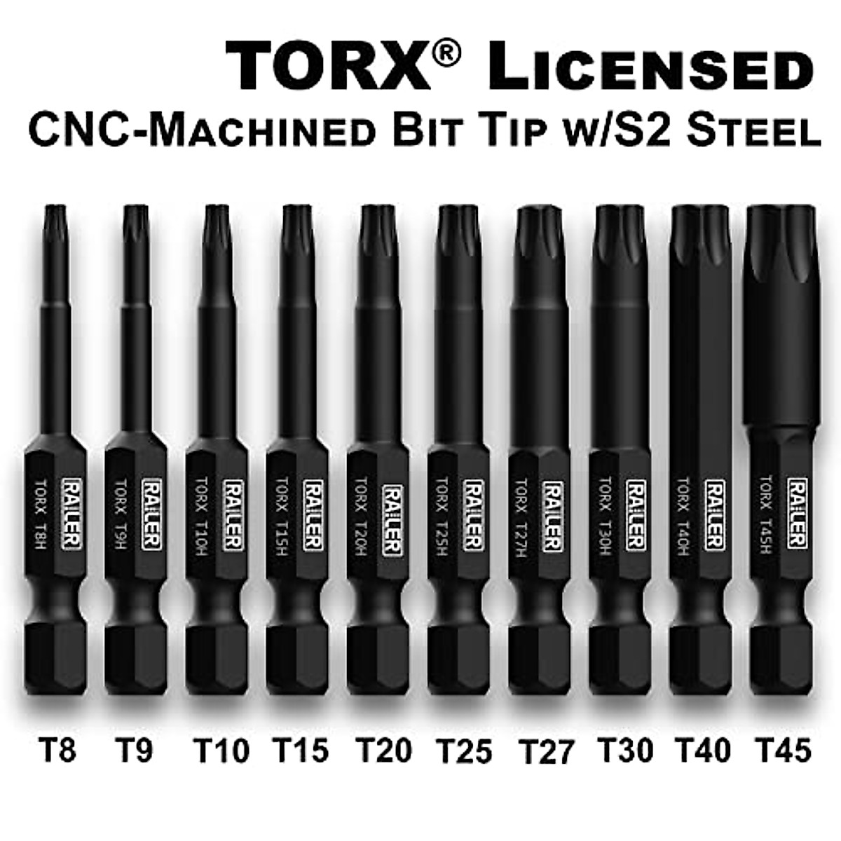 Tamper Proof TORX Bit Set, Railer 10-Piece 6 Point TORX Security Screwdriver Bit Set. S2 Steel Impact Driver 2" Star Bit Set (T8, T9, T10, T15, T20, T25, T27, T30, T40, T45)