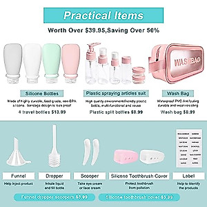 Noideeer 18 Pcs Travel Bottles for Toiletries Gym TSA Approved, Leak Proof with Bandage Silicone Squeezable 3oz for Toner Shampoo Conditioner Lotion Body Wash with Toothbrush Cover Tag and Wash Bag