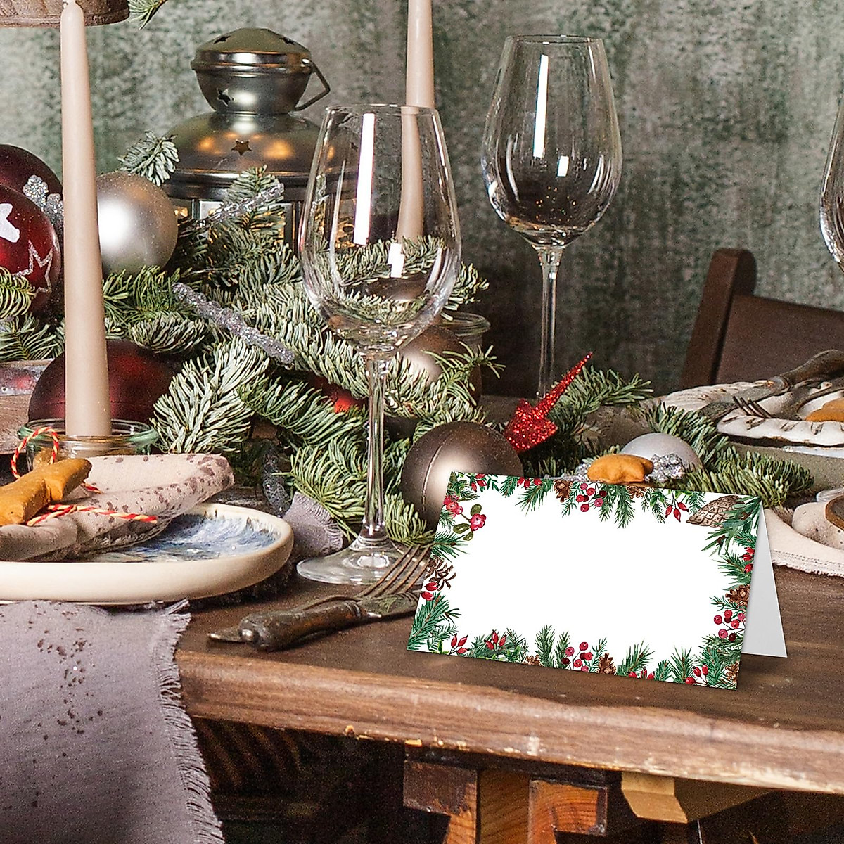 Whaline 100Pcs Christmas Place Cards 2 x 3.5 Inch Holly Berry with Pine Branch Cone Tented Cards Seating Cards for Xmas Wedding Bridal Shower Birthday Party Table Setting