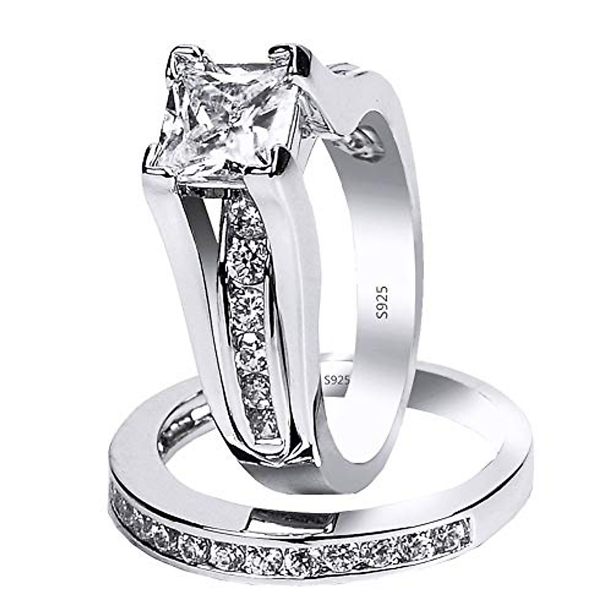 MABELLA 925 Sterling Silver Cubic Zirconia Princess Cut Women's Wedding Engagement Bridal Ring Set Size 8