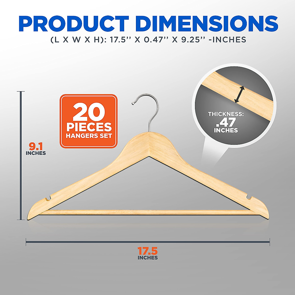 SereneLife Premium Solid Wooden Hangers - Smooth Finish Space Saving Heavy Duty Suit Clothes Hanger Set w/ 360 Degree Swivel Metal Hook, Precisely Cut Notches, for Coats Jackets Pants Dress (20-Pack)