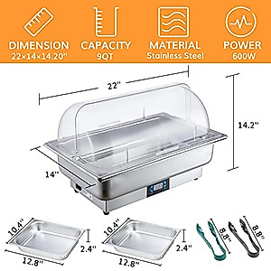 Electric Chafing Dish 9 QT Adjustable 0°C~100°C Roll Top Half Size Auto ShutOff Stainless Steel Buffet Servers and Warmers, Temp Display Programmable Food Warmer Transparent Lid Chafers for Catering