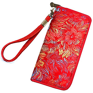 Yongkai Women's Wallet Canvas Wristlets Bag Zip Around Clutch Holder Clutch with Removable Strap Featured Embroidered Multi-card Slot Wallet(Red Flowers)