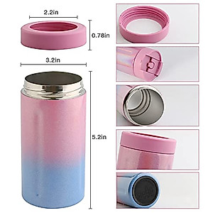 4 in 1 Slim Can Cooler with Lid for 12 OZ Skinny Can, Regular Can & Beer Bottle, Keep Cold for 6 Hours, Double Walled Stainless Steel Vacuum Beverage Can Insulator(Glitter Gradient)