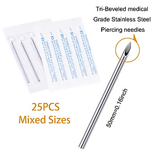 DJCIW 25PCS Mixed Body Piercing Needles, 12G 14G 16G 18G 20G Disposable Sterile Stainless Steel Piercing Needles for Ear Nose Navel Belly Nipple Tongue Lip Piercing