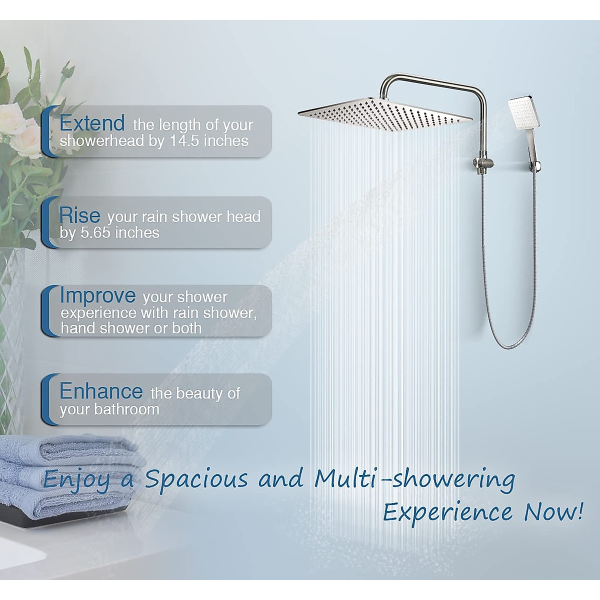 HOMVIVA® All Solid Metal 3-Way Shower Arm Diverter Valve with 16 Inch Shower Head Extension Arm And High Rise Extender for Handheld and Fixed Shower Head, G1/2 Universal with Flange,Brushed Nickel