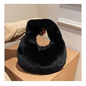 WPYYI Winter Women Plush Fluffy Handbag Ladies Tote Bag Purse Clutch Elegant Solid Color Portable Shopper Bag (Color : Black, Size : One Size)