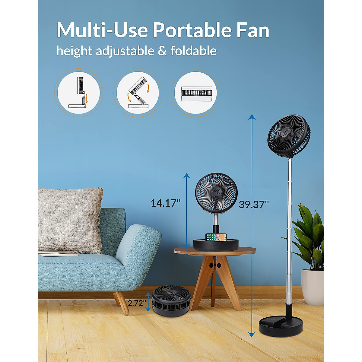 Primevolve Battery Operated Portable Standing Fan, Rechargeable USB Personal Floor Fan with Adjustable Height Black