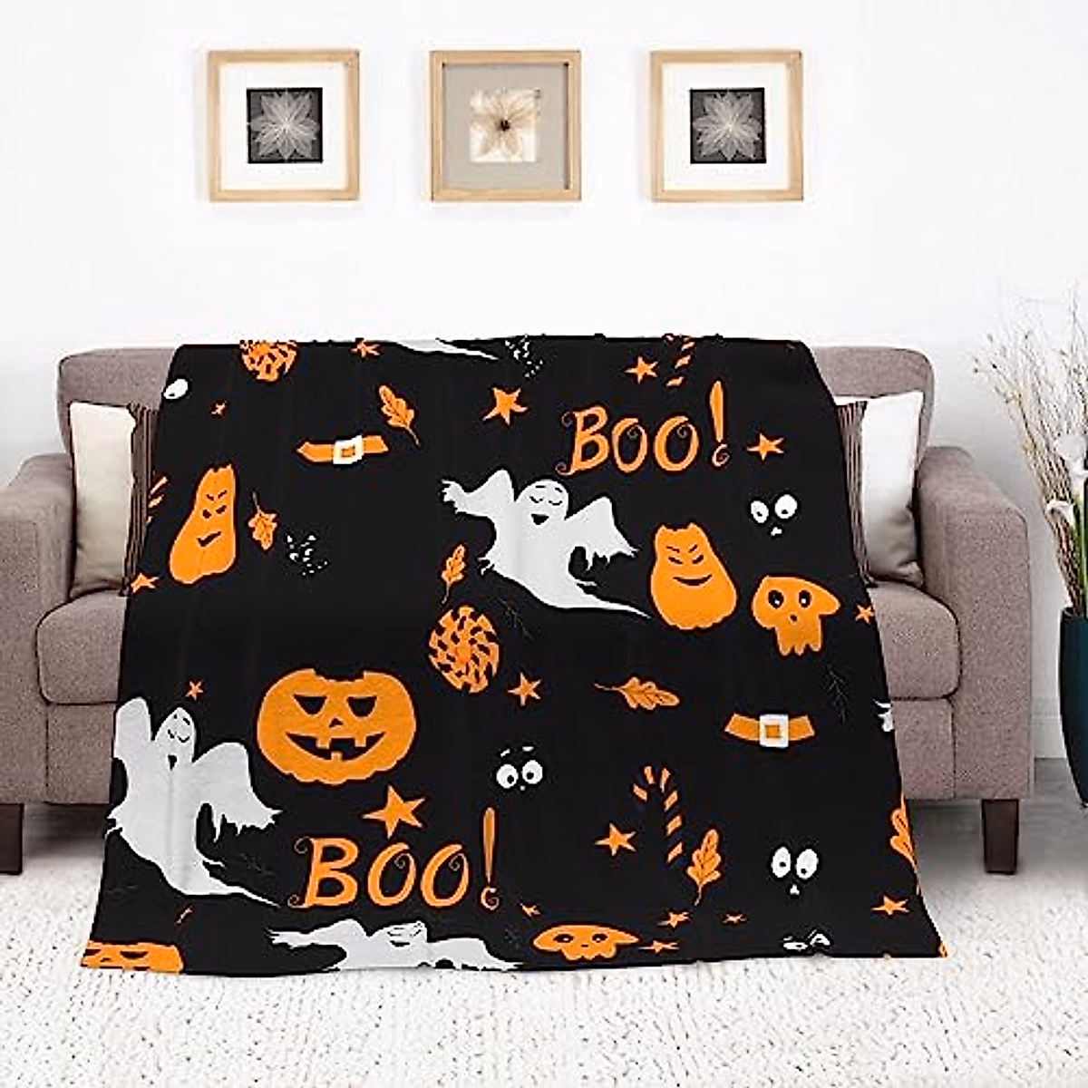 LAKIMCT Halloween Boo Blanket for Couch Bed Throw Blanket, Aesthetic Decorative Blanket for Travel Camping Comfy Blanket, Full Size Blanket, 70x80 inch