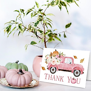 Whaline 24 Pack Fall Thank You Cards Bulk Pink Truck Pumpkin Floral Greeting Cards with Envelopes Stickers Blank Note Cards for Autumn Thanksgiving Wedding Bridal Baby Shower