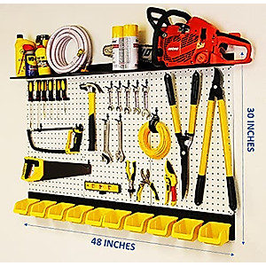 WALLPEG Pegboard Wall Organizer 48- inch Garage Pegboard Panel Organizer Utility Tool Storage Kit with Tool board Peg Hooks Accessories, Wall Mounted Storage Bins, Lawn Tool Rack Overhead Shelf (White Pegboard)