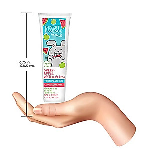 Desert Essence, Green Apple Watermelon Toothpaste Kids Gel, 4.7 oz. - Safe to Swallow, Fluoride Free, SLS Free, Gluten-Free, Vegan, Plant Powered Formula, Great Tasting, Removes Plaque and Buildup