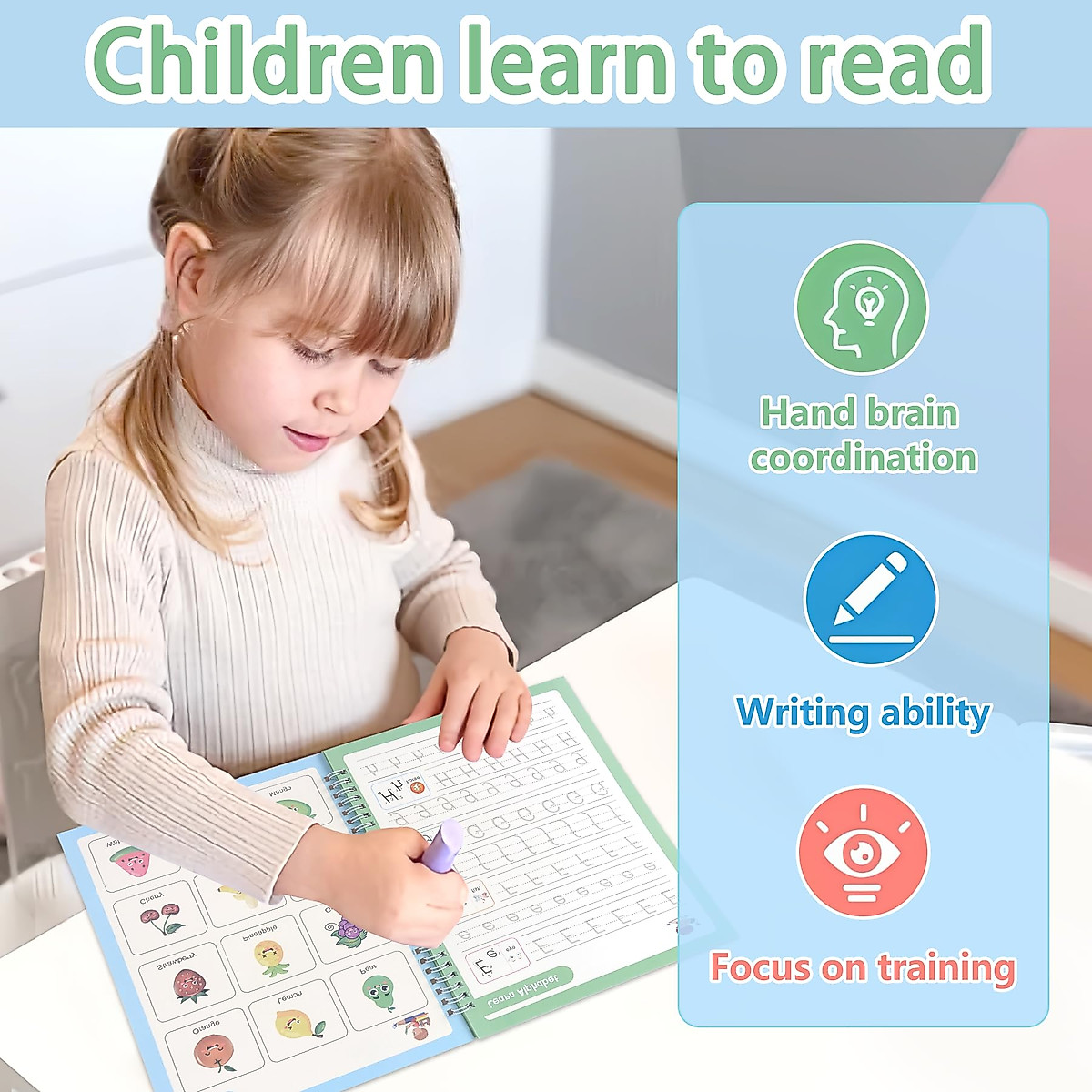 4 Pack Groove Magic Practice Copybook for Kids, Comfy Kindergarten Handwriting Set, Life Pigment Copy Book, Reusable Tracing Workbook with Pens & Aid Pen Grips