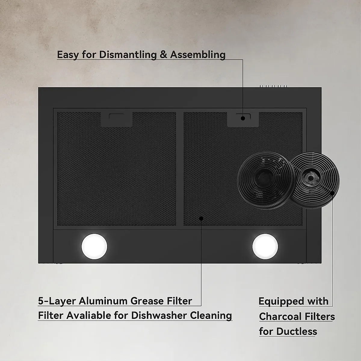 Hermitlux Range Hood 30 inch, Wall Mount Vent Hood for Kitchen with Charcoal Filter, Ducted/Ductless Convertible, Black