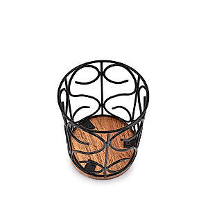 EDHAS Iron Utensil Holder With Acacia Wood Base Kitchen Counter Organizer Round Flatware Storage for Countertop (4.5" x 4.5" x 6")