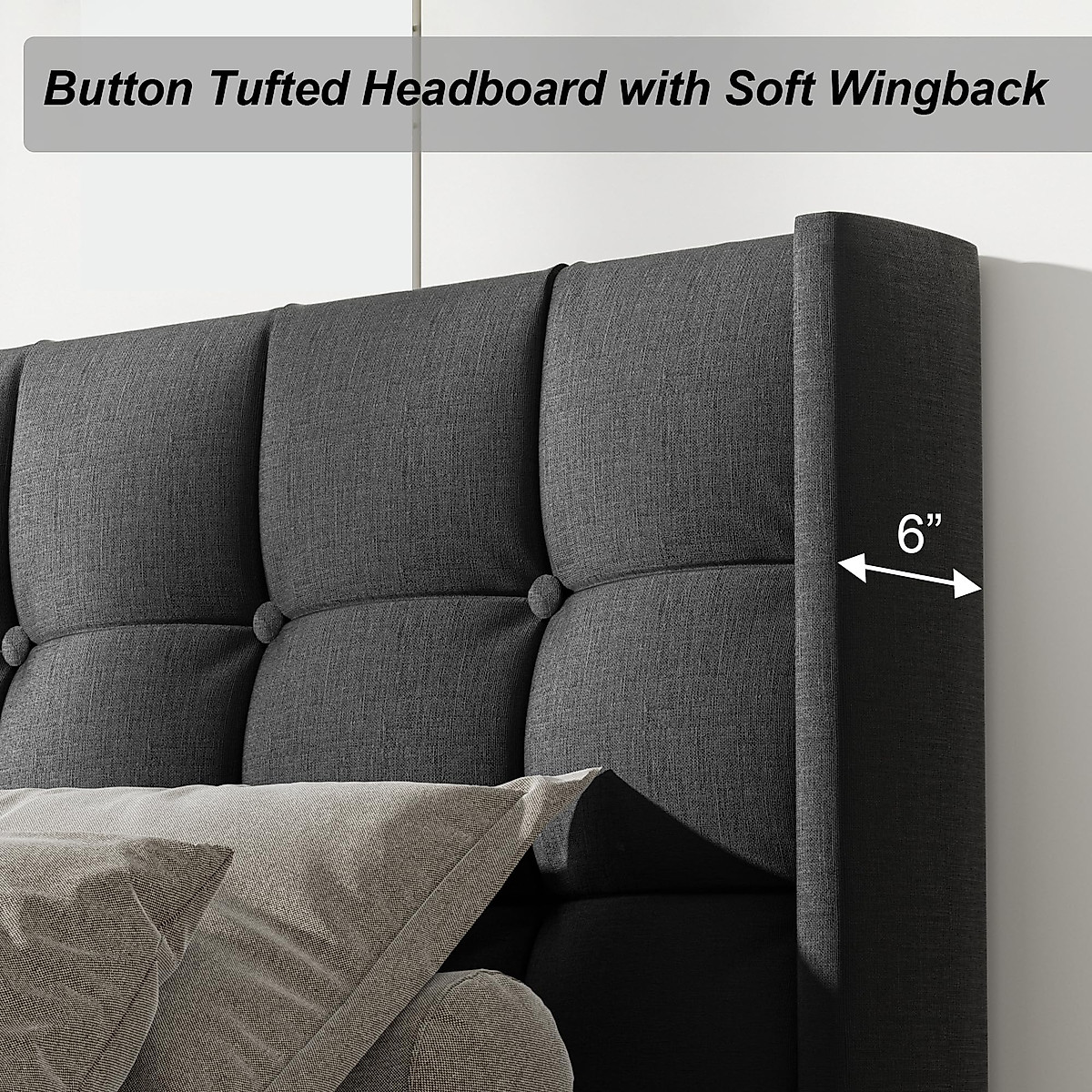 Sismplly Full Size Platform Bed Frame with Upholstered Wingback Headboard, Wooden Slats Support, No Box Spring Needed, Easy Assembly, Dark Grey