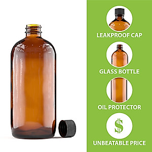 VINEVIDA 16 oz Amber Glass Bottles - 12 Pack Amber Boston Glass Bottles With Poly Cap - Bulk Glass Bottles - Empty Tincture Bottles for Essential Oils, Lab Chemicals, and Perfumes - Refillable Bottles