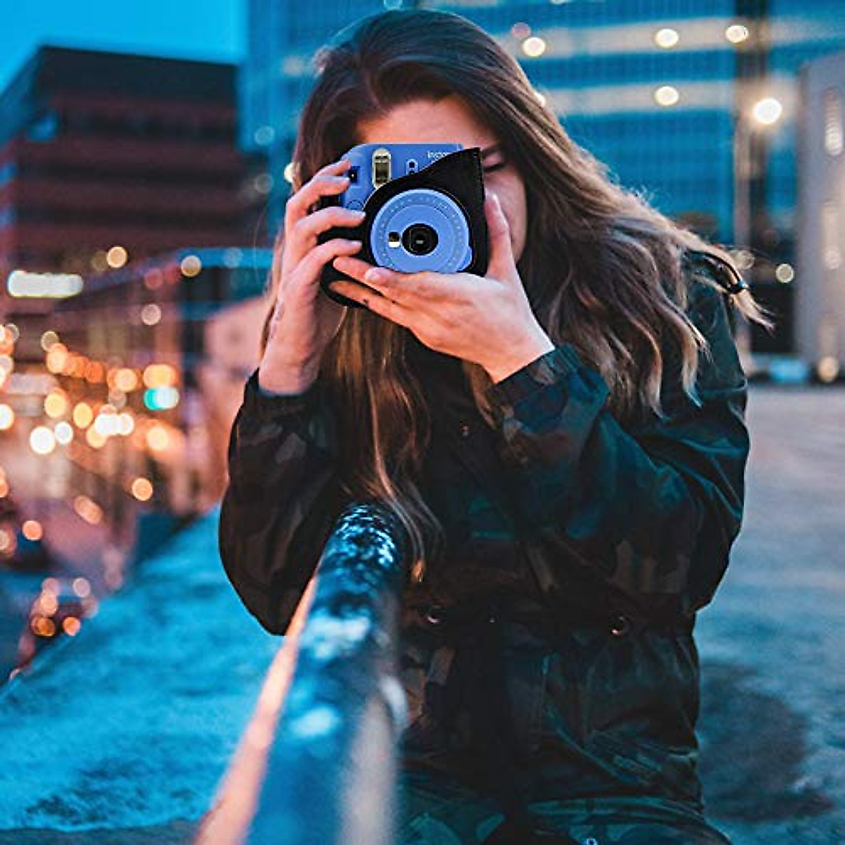 Blummy PU Leather Camera Case Compatible with Fujifilm Instax Mini 11/ Mini 9/ Mini 8 Instant Camera with Adjustable Strap and Pocket (Black)