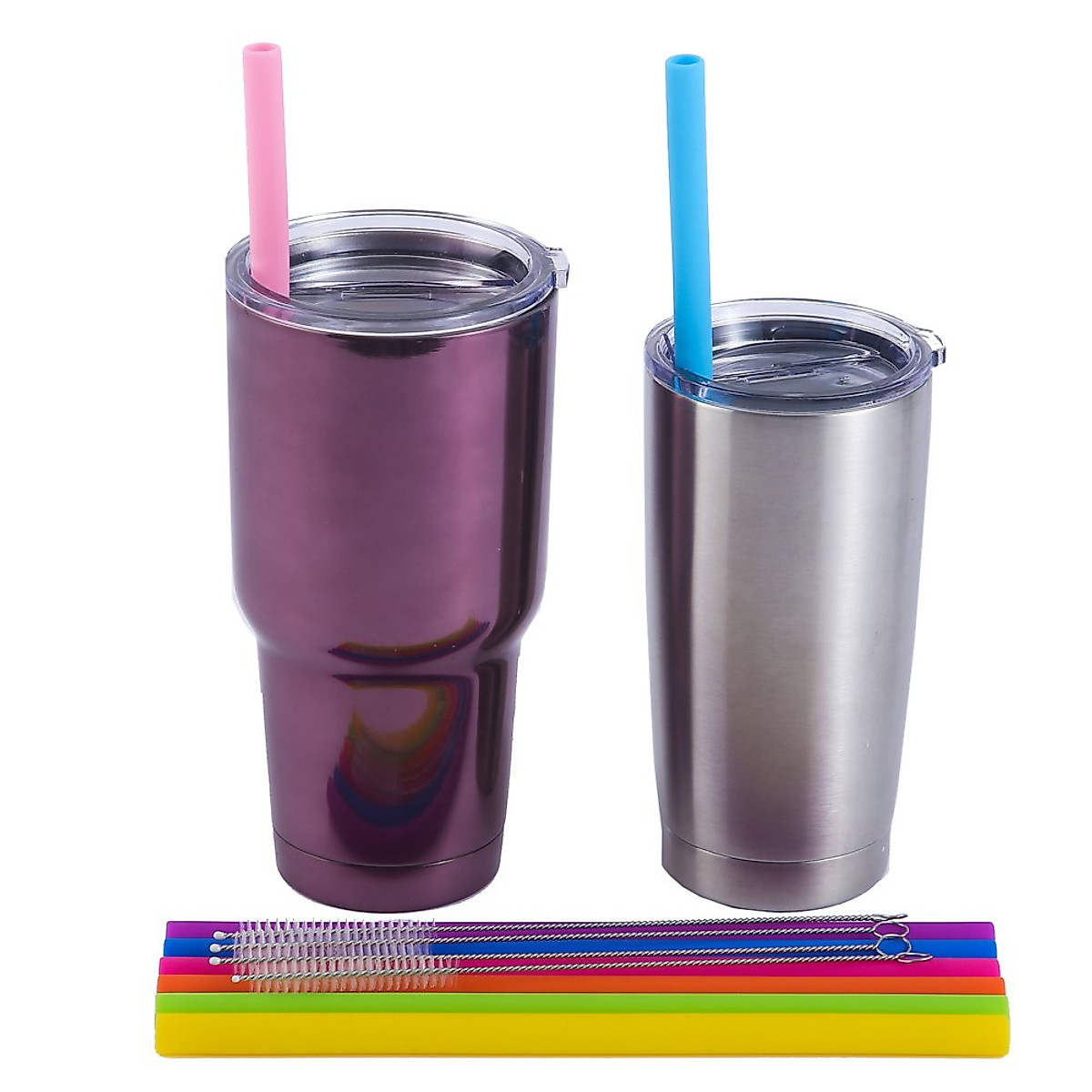 Big Silicone Straws Reusable Silicone Drinking Straws10Pcs Straight Smoothies Straws For 30&20 oz Tumblers-Reusable Straws Extra Long for Yeti/Rtic/Ozark +4 Brushes+ 1 Red Storage Pouch