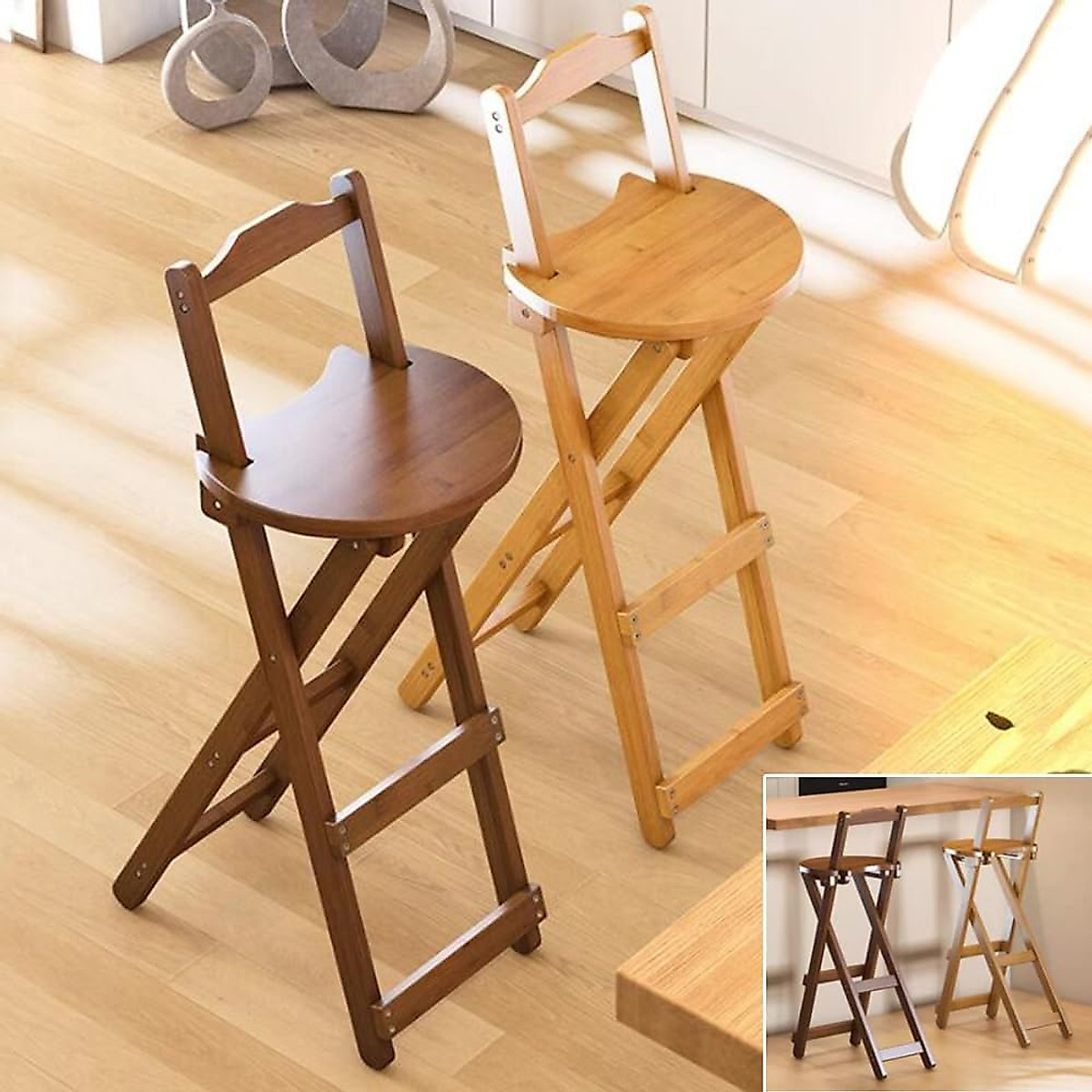 29 inch Breakfast Folding Bar Stool, Bamboo Kitchen Stool with Backrest & Footrest, Portable High Chair for Home Garden Indoor Outdoor, 74cm Seat Height(Brown)