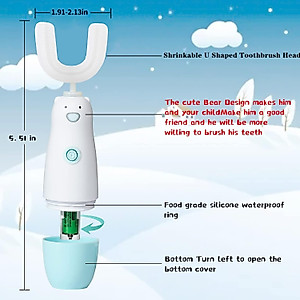 Meqtpomy Kids Electric Toothbrush，6 Cleaning Models Toddler Toothbrush Waterproof Battery Powered 360 Automatic Sonic u Shaped Toothbrushes for 2-7 Years Old for Boys Girls（Blue）