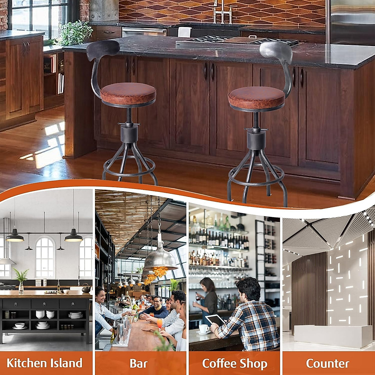 BOKKOLIK Set of 2 Bar Stools Industrial Style Kitchen Counter Island Stool Dining Chiar with Backrest Rustic Guest Chair Swivel PU Seat 23-33inch Height Adjustable