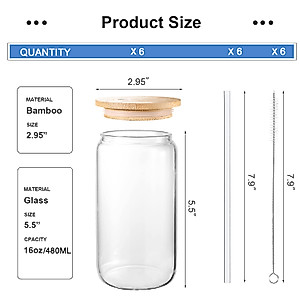 JMScape Clear Sublimation Glass Cups Blanks with Bamboo Lid and Straw 6pcs Set, 16oz Sublimation Glass Tumbler, Sublimation Beer Can Glass for Iced Coffee Soda Drinks