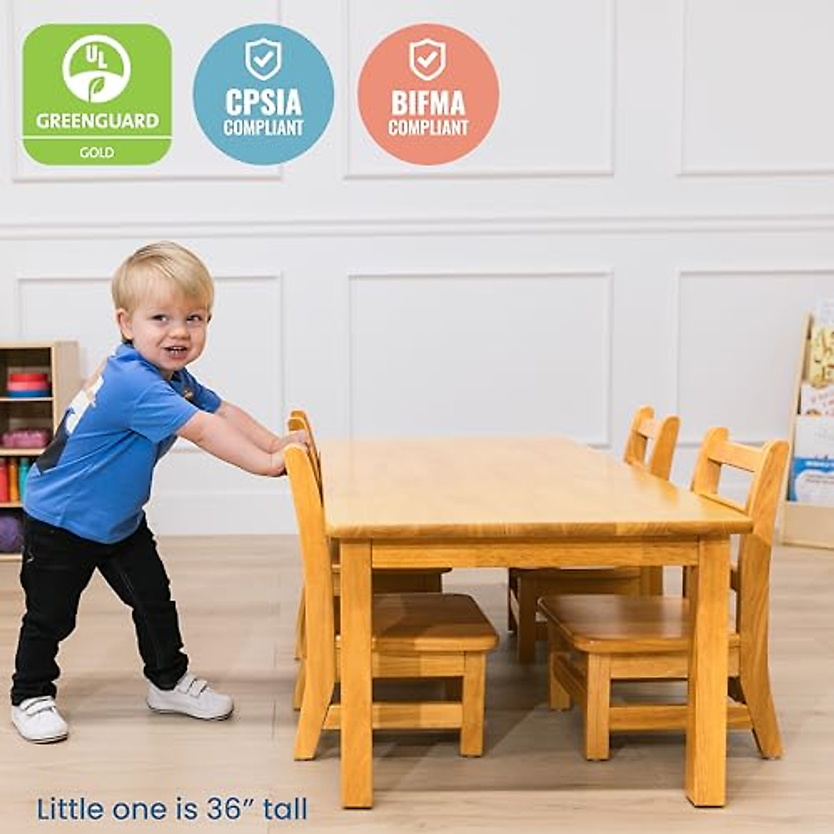 ECR4Kids 24in x 48in Rectangular Hardwood Table with 16in Legs and Four 8in Chairs, Kids Furniture, Honey