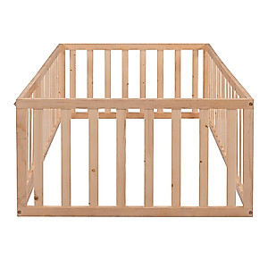 Bellemave Twin Floor Bed with Fence and Door, Kids Montessori Floor Bed Without Slats, Cute Montessori Bed for Kids, Girls, Boys, Wodd Floor Bed(Natural Twin)